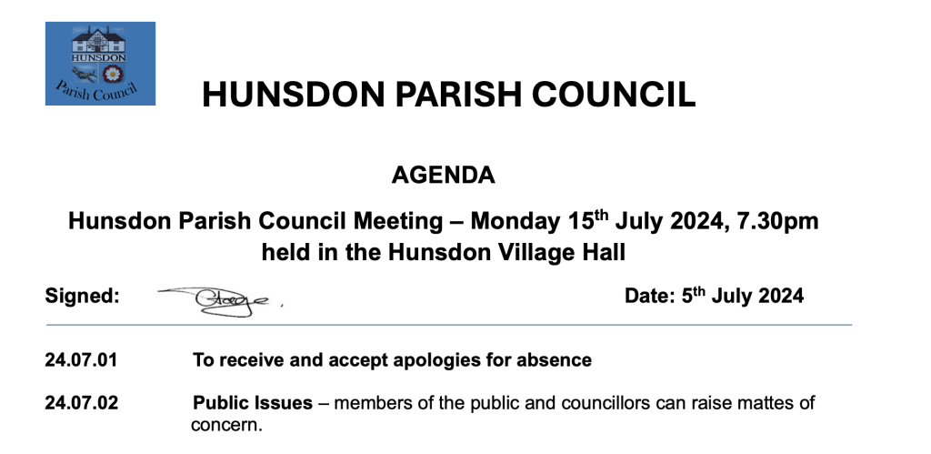 Hunsdon Parish Council meeting agenda – July 15 2024 – Hunsdon Village Web